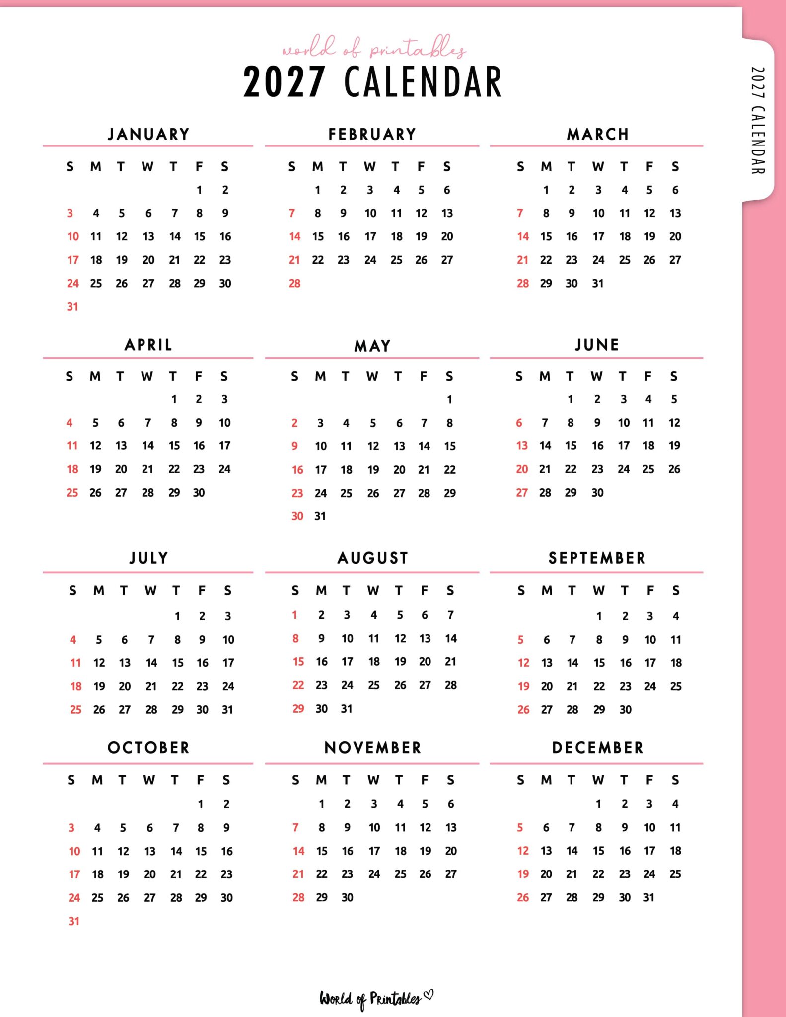 2027 Year Calendar Printables - 160 Free Styles to Download - World of ...