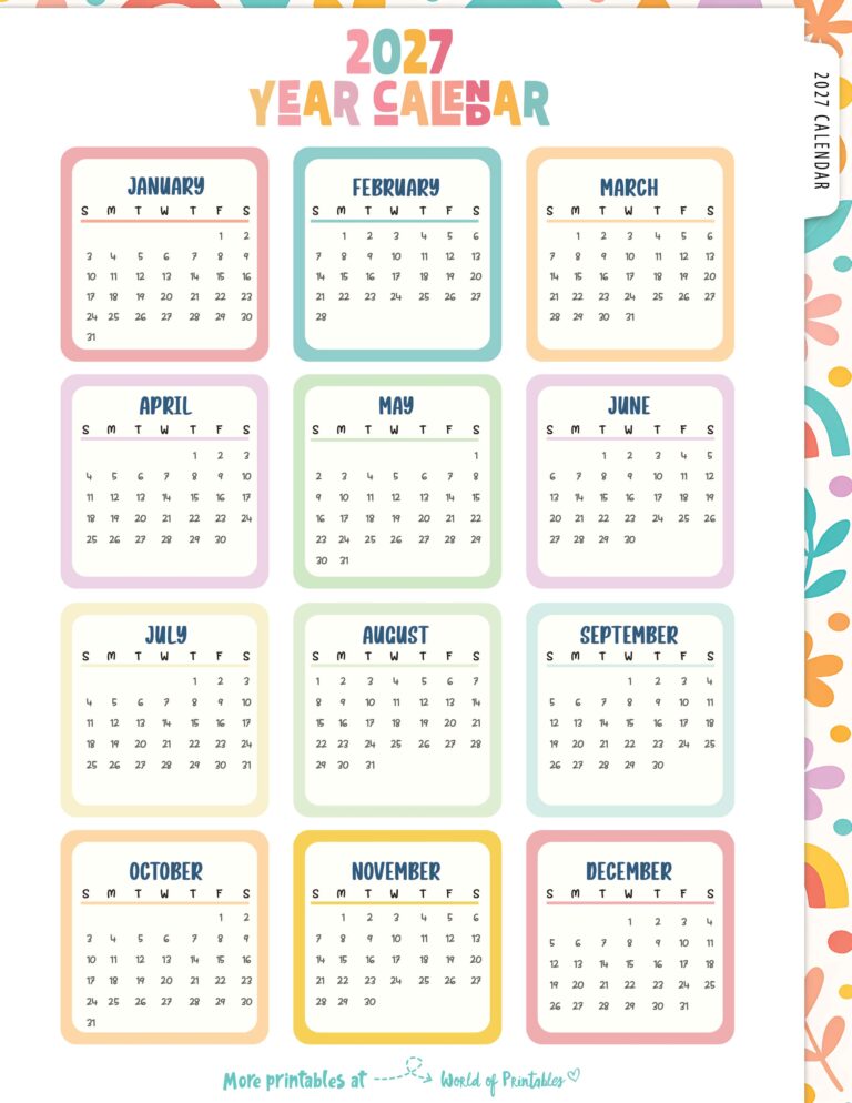 2027 Year Calendar Printables - 160 Free Styles to Download - World of ...