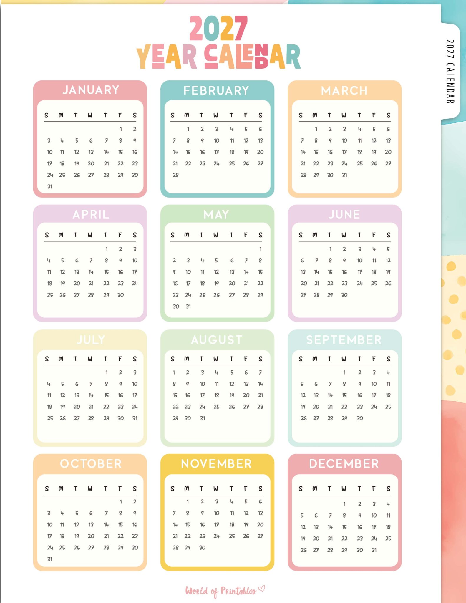 2027 Year Calendar Printables - 160 Free Styles to Download - World of ...