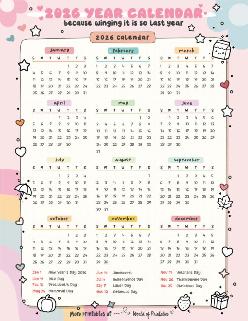 2026 Calendar With Holidays (Free Printable PDFs) - World of Printables