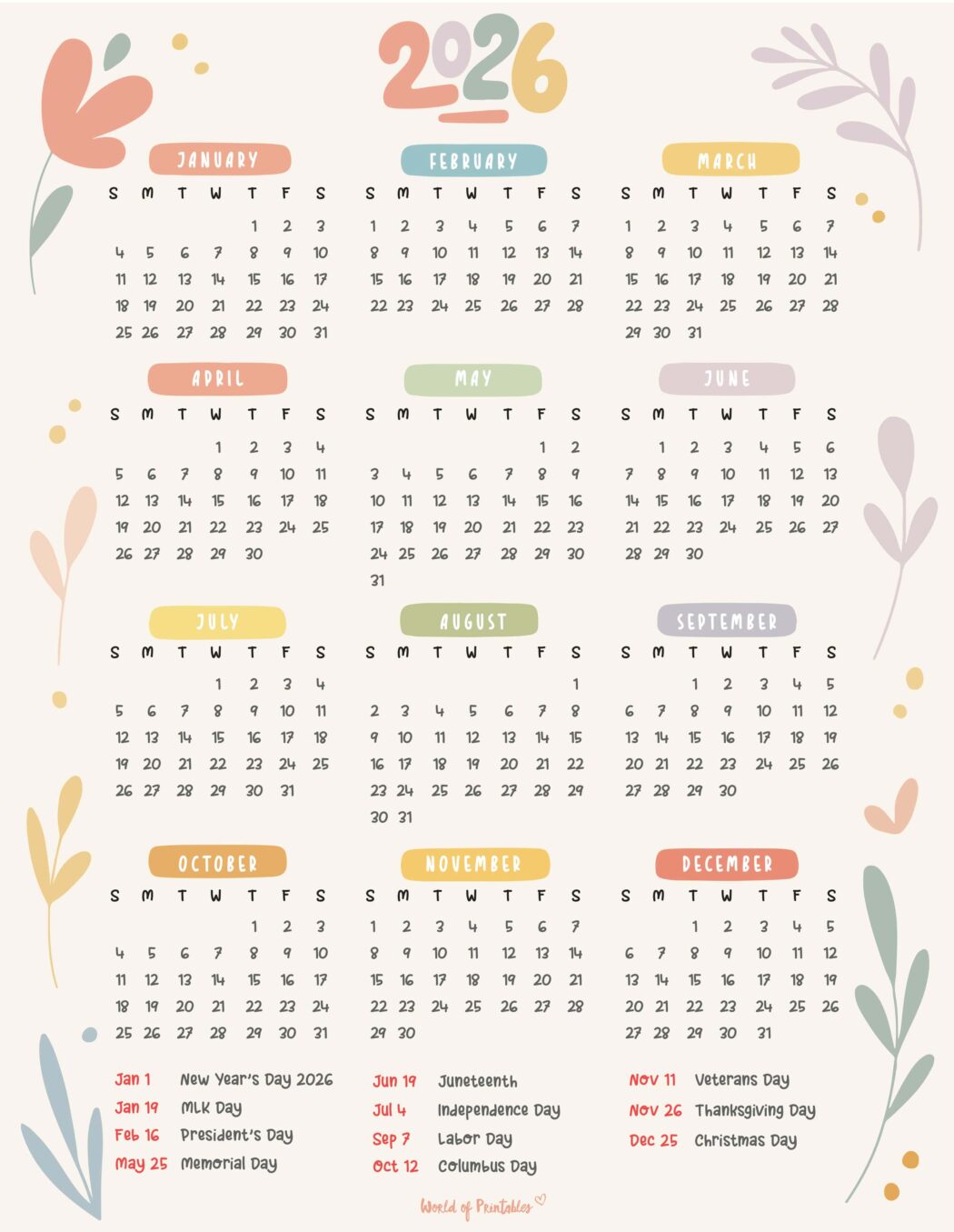 2026 Calendar With Holidays (Free Printable PDFs) - World of Printables