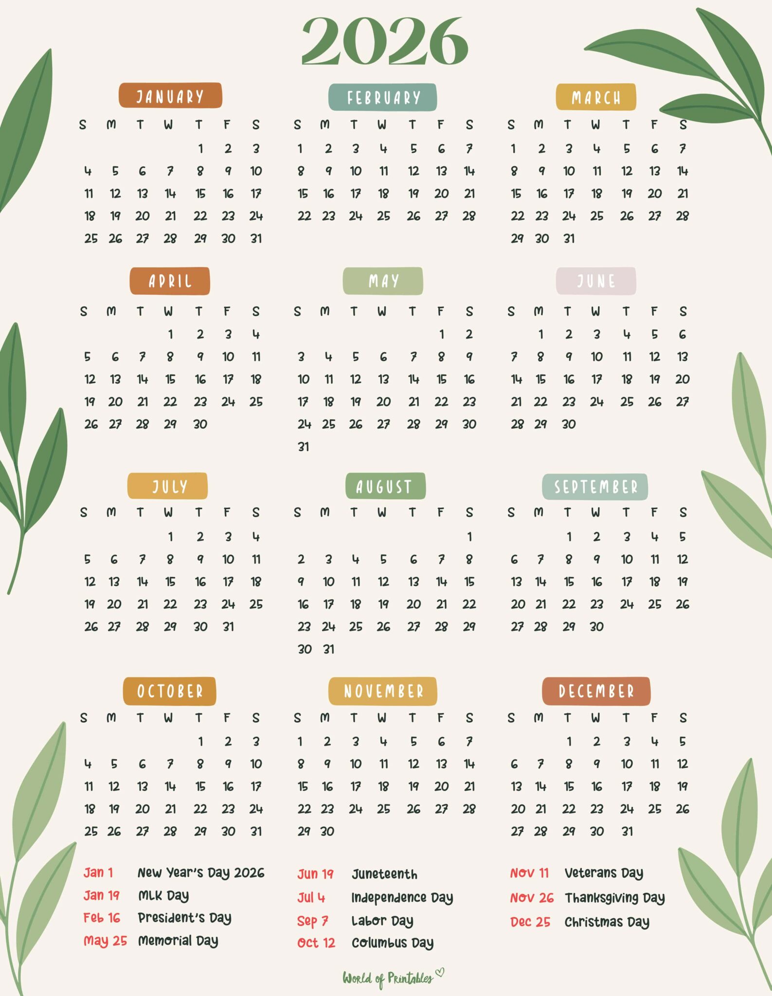 2026 Calendar With Holidays (Free Printable PDFs) - World of Printables