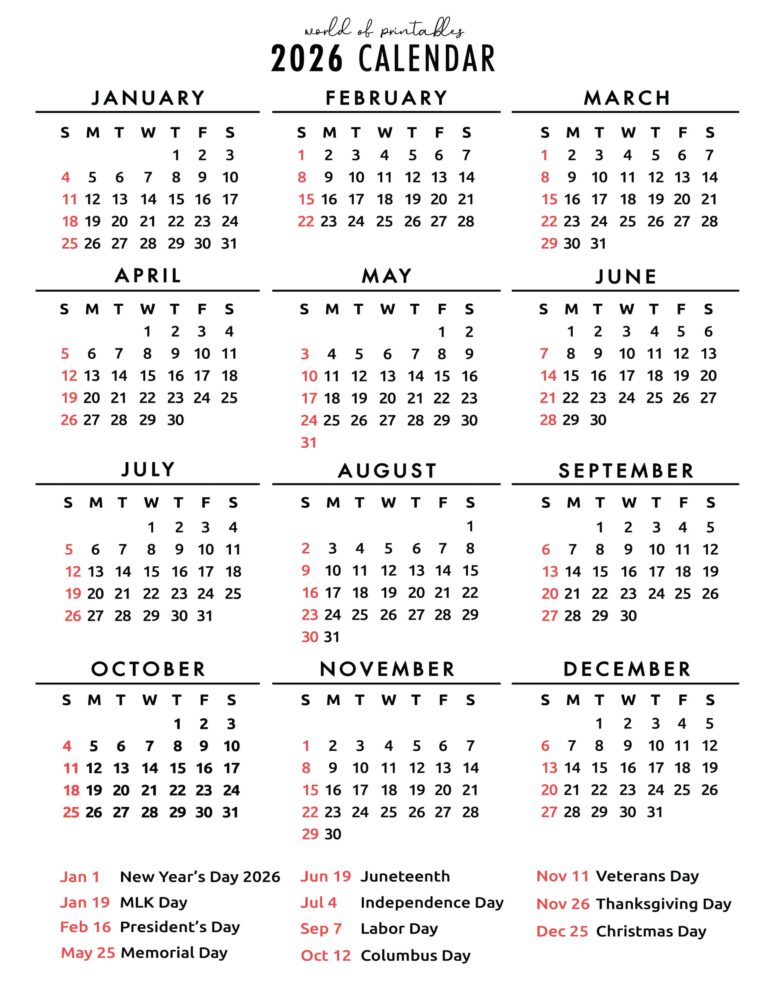 2026 Calendar With Holidays (Free Printable PDFs) - World of Printables