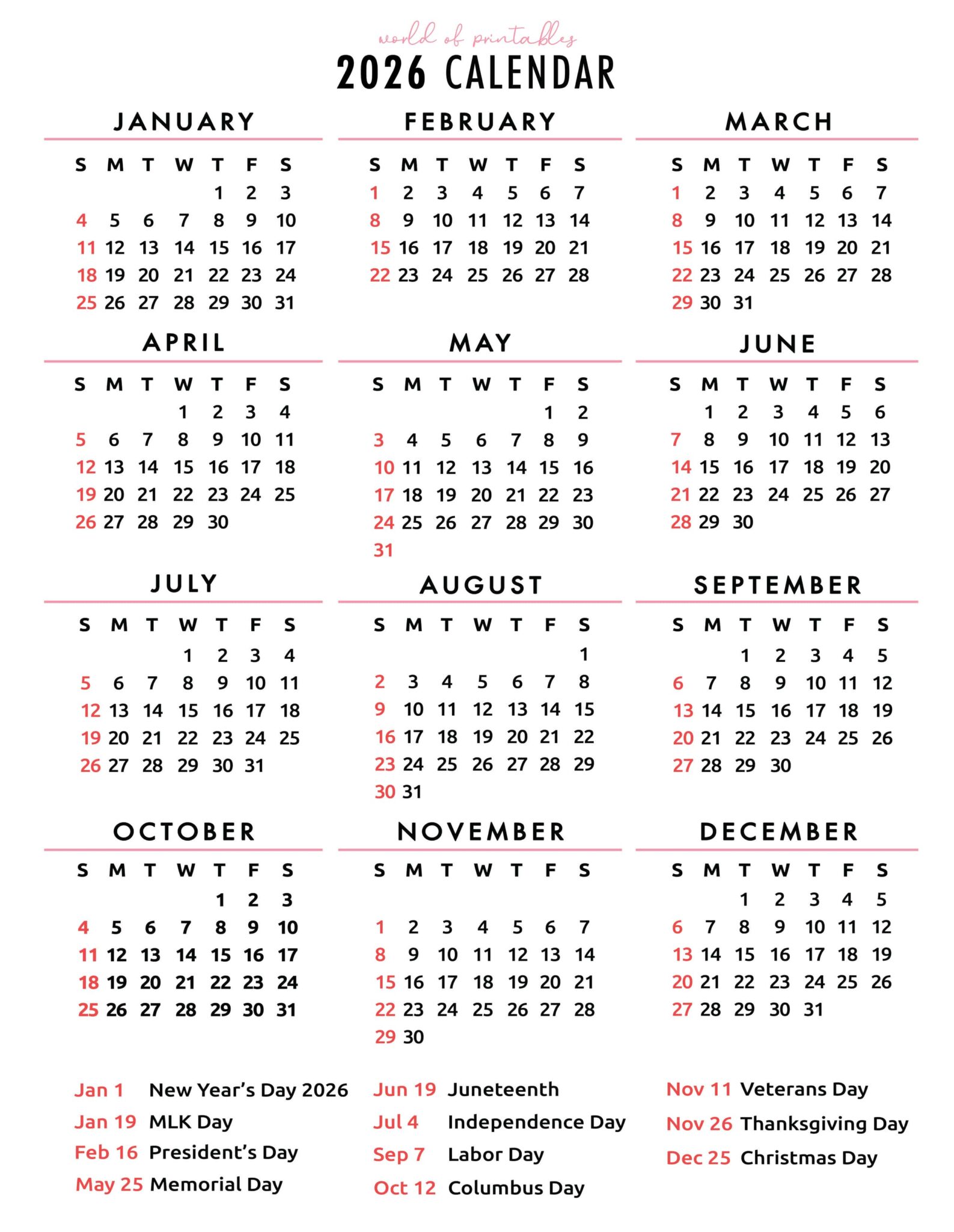 2026 Calendar With Holidays (Free Printable PDFs) - World of Printables