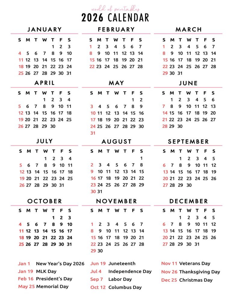 2026 Calendar With Holidays (Free Printable PDFs) - World of Printables