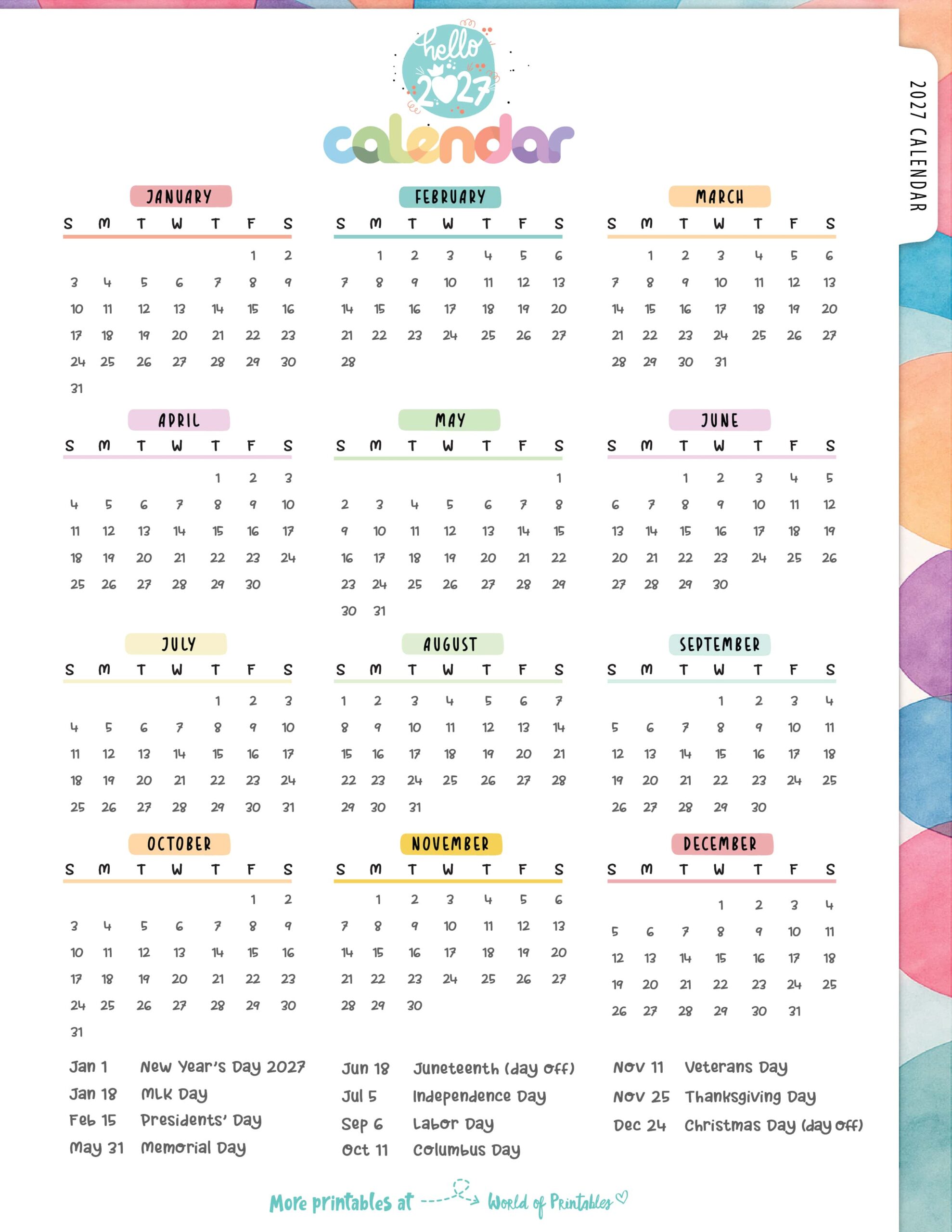 2027 Calendar With Holidays (Free Printable PDFs) - World of Printables
