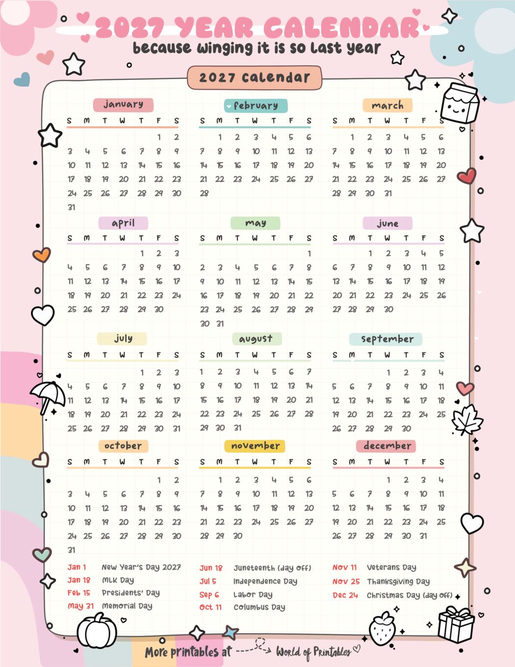 2027 Calendar With Holidays (Free Printable PDFs) - World of Printables