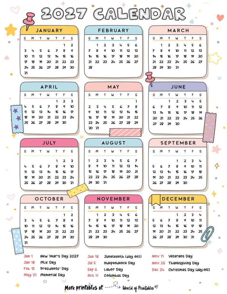 2027 Calendar With Holidays (Free Printable PDFs) - World of Printables