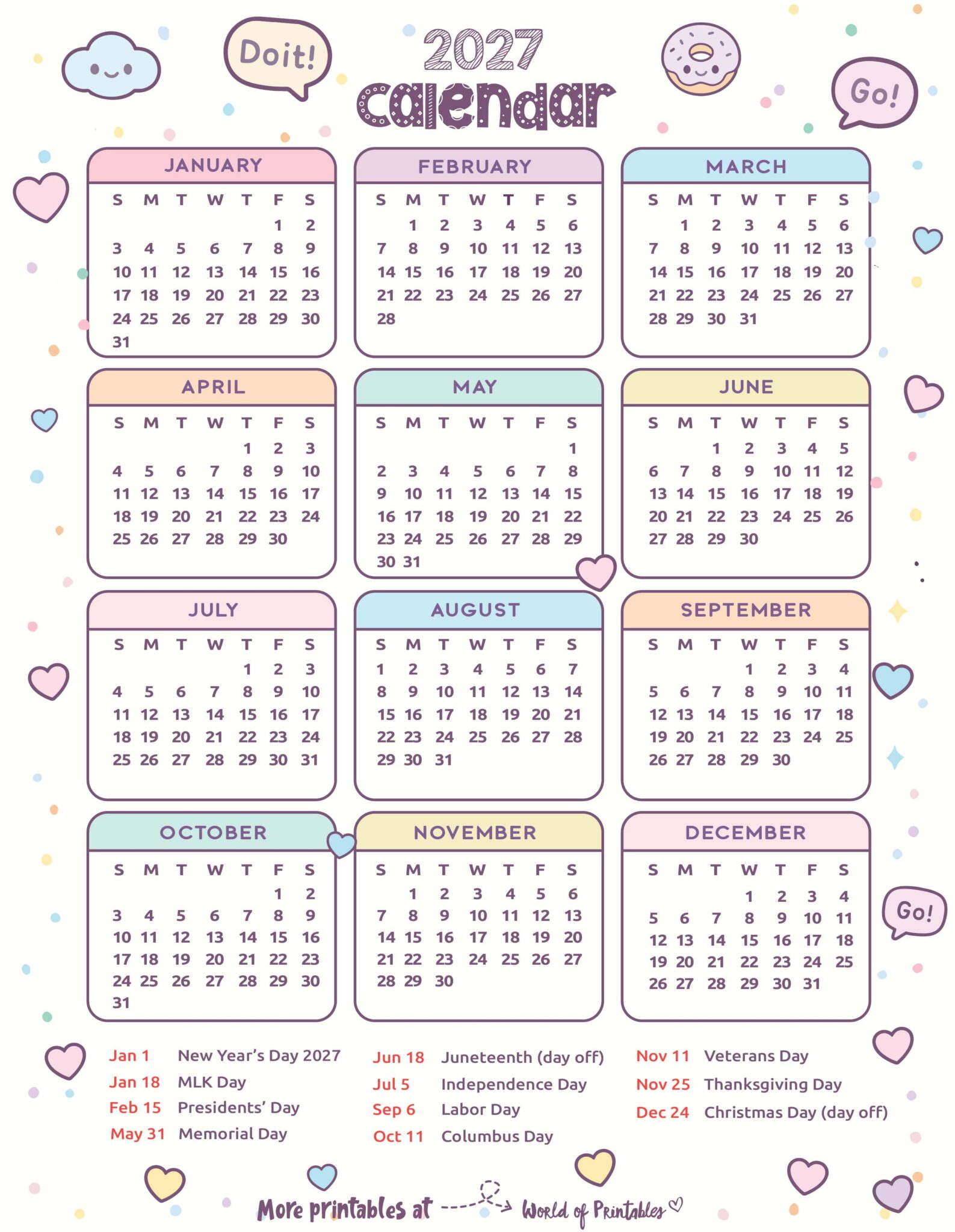 2027 Calendar With Holidays (Free Printable PDFs) - World of Printables