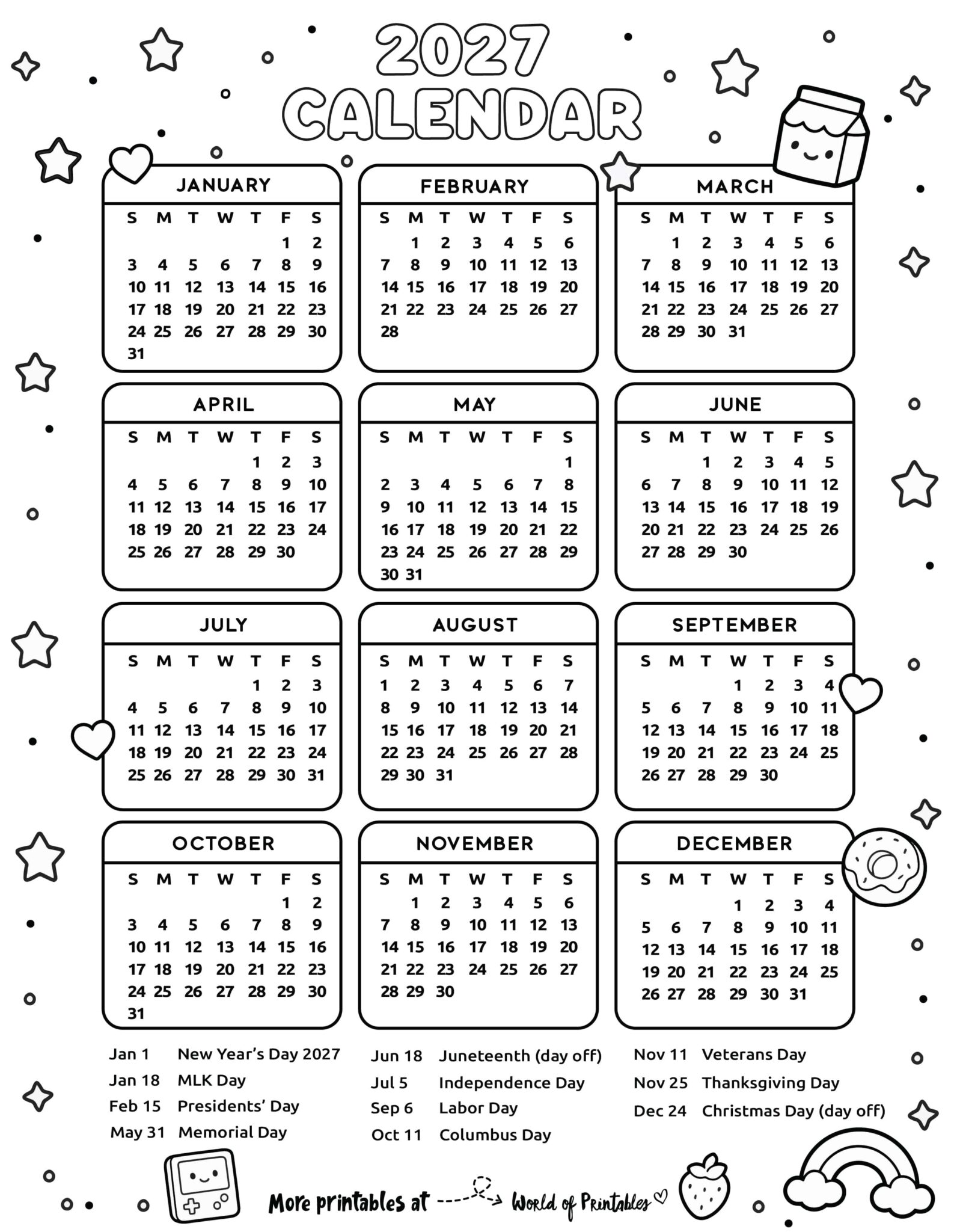 2027 Calendar With Holidays (Free Printable PDFs) - World of Printables