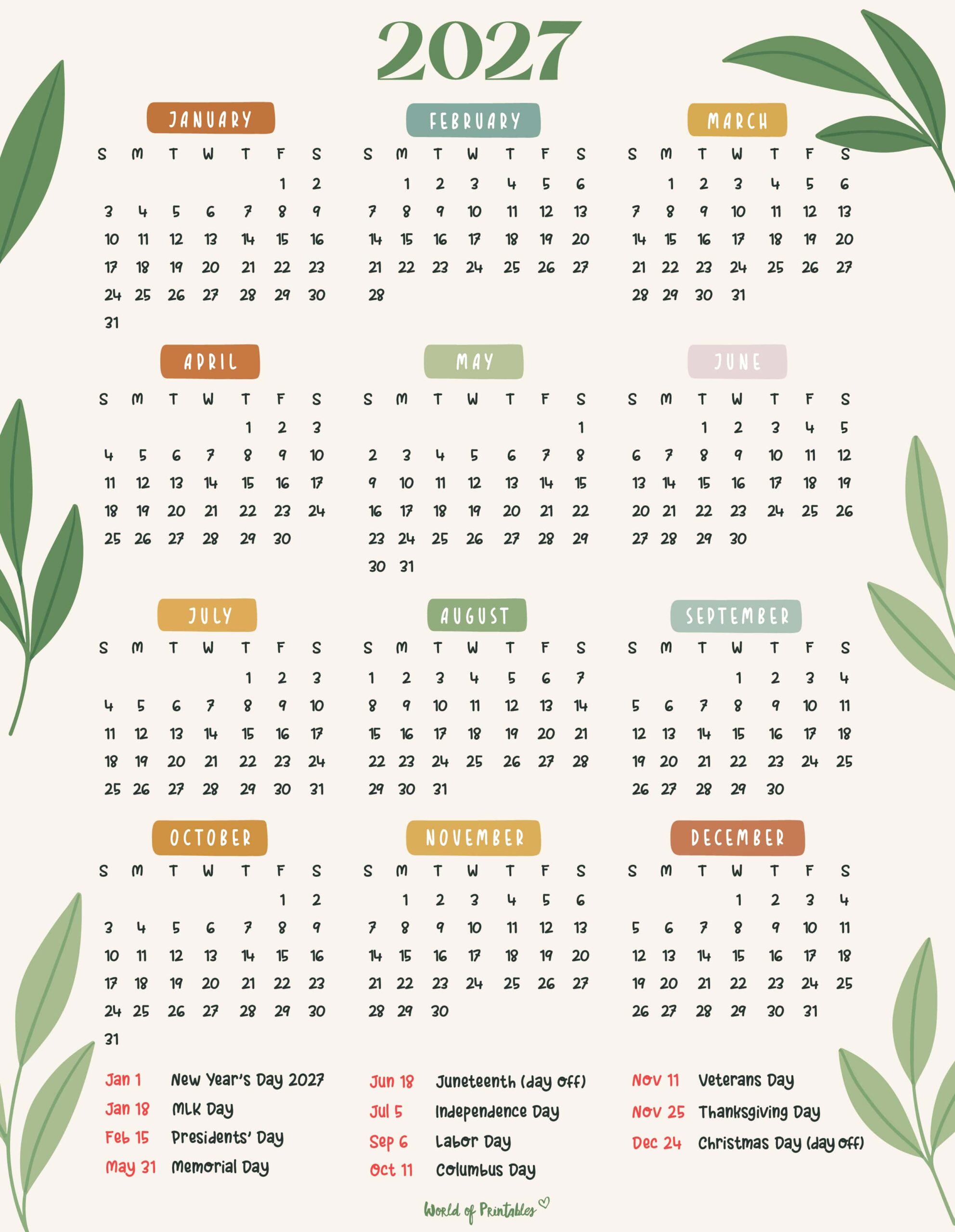 2027 Calendar With Holidays Free Printable PDFs World Of Printables
