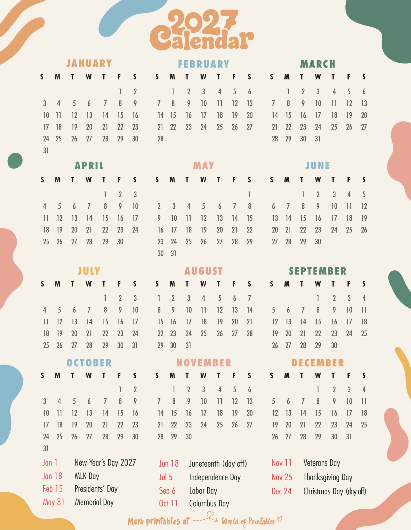 2027 Calendar With Holidays (Free Printable PDFs) - World of Printables