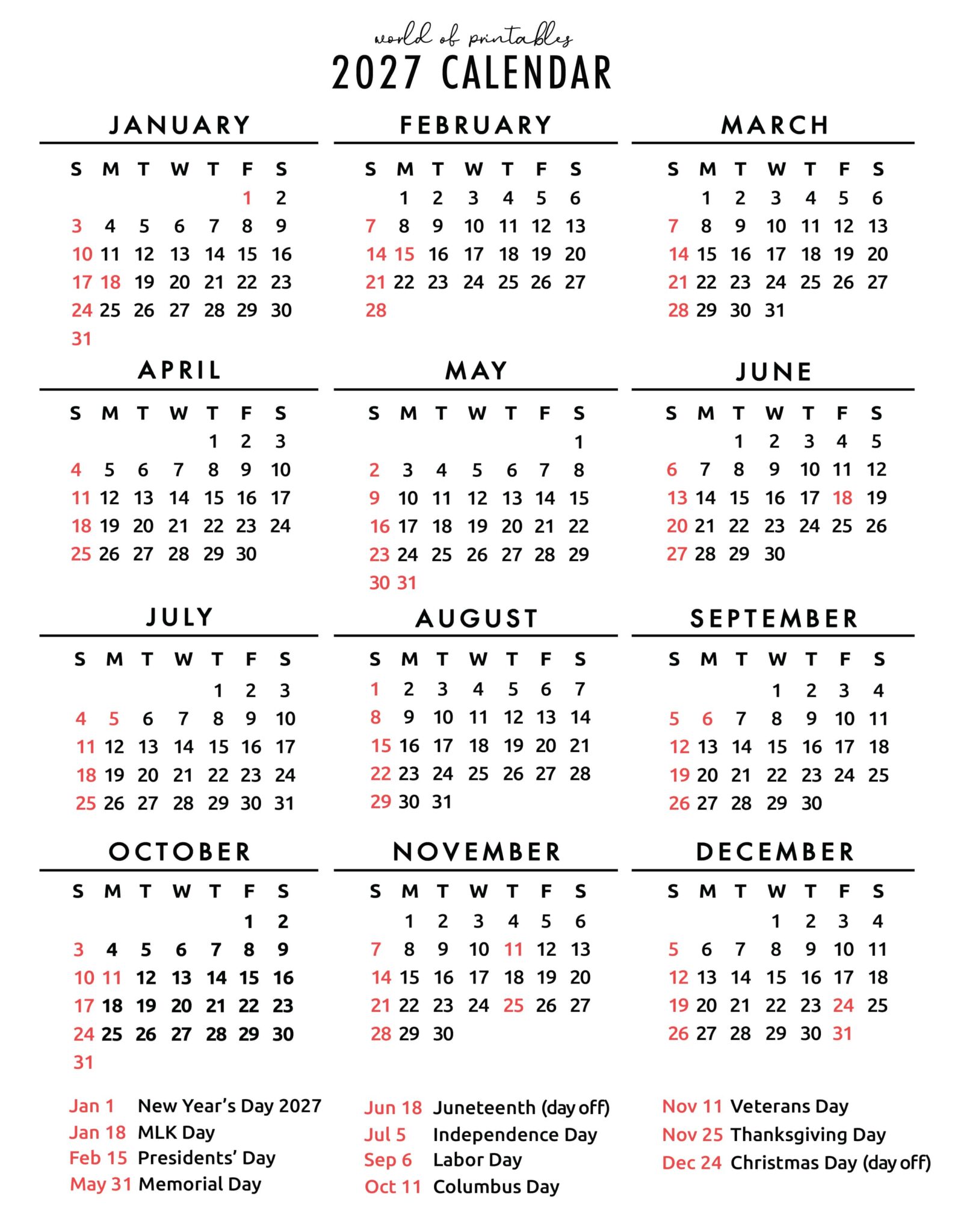 2027 Calendar With Holidays (Free Printable PDFs) - World of Printables