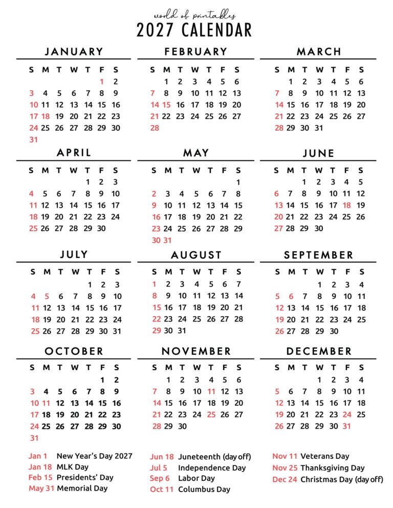 2027 Calendar With Holidays (Free Printable PDFs) - World of Printables