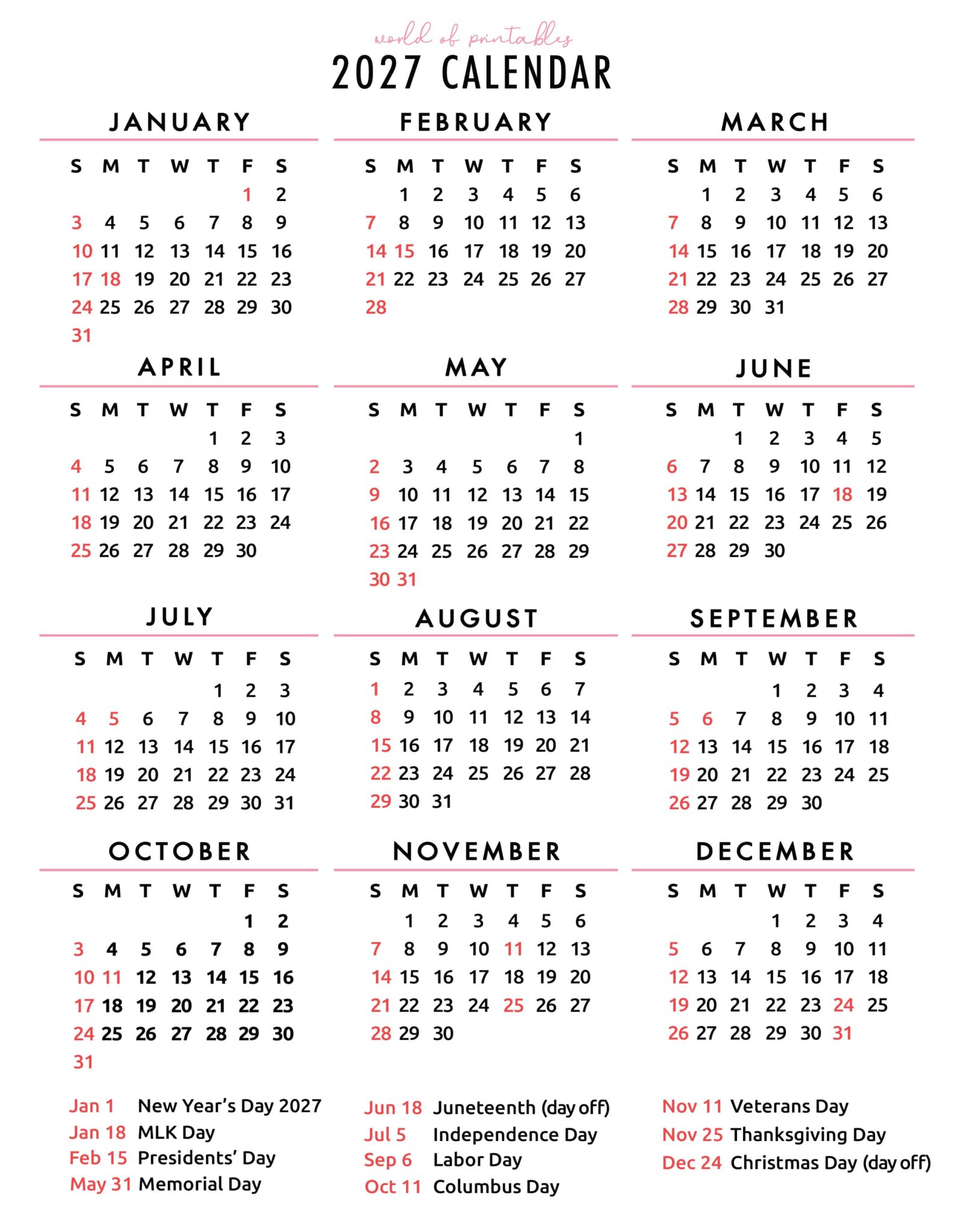 2027 Calendar With Holidays (Free Printable PDFs) - World of Printables