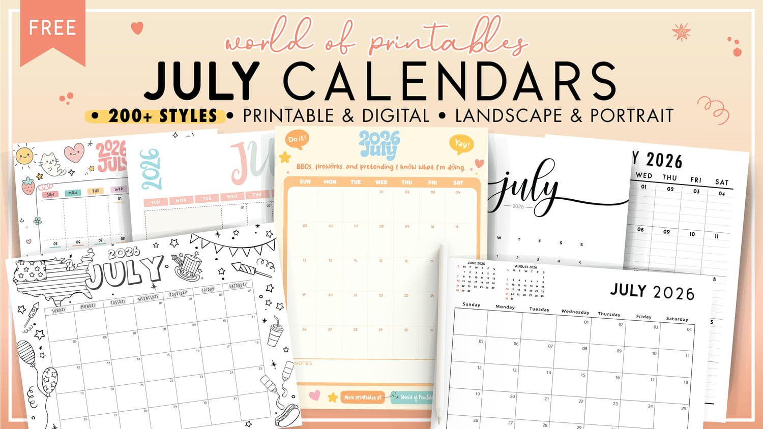 July 2026 Calendars - 200 Free Printables - World of Printables
