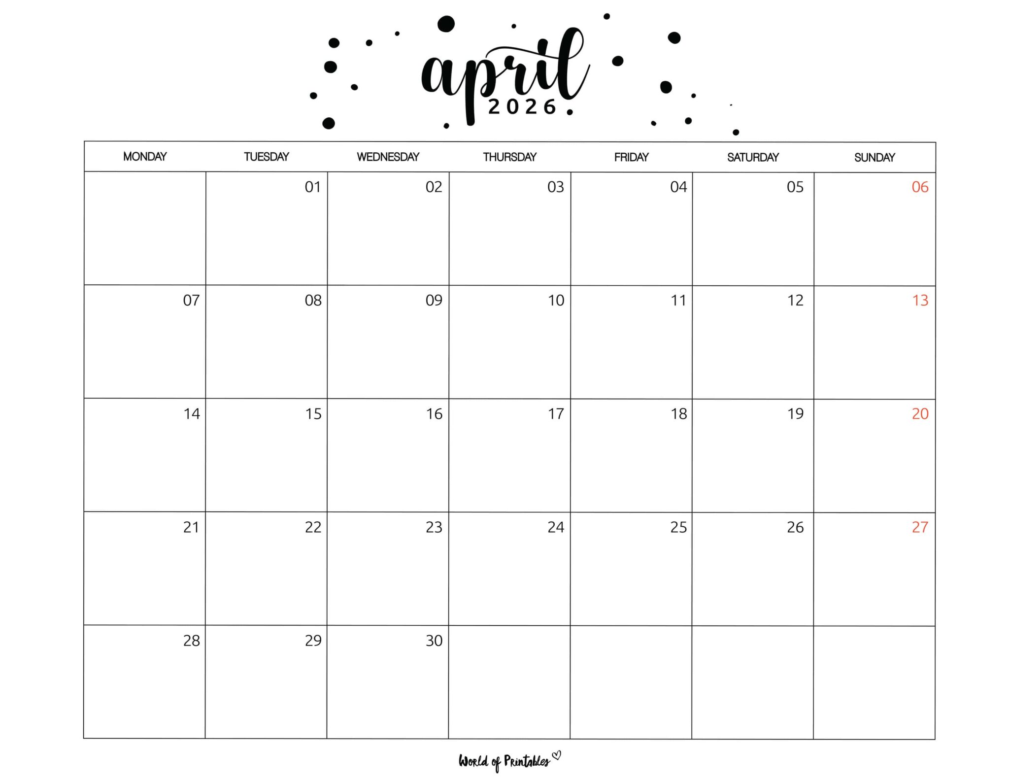 April 2026 Calendars - 200 Free Printables - World of Printables