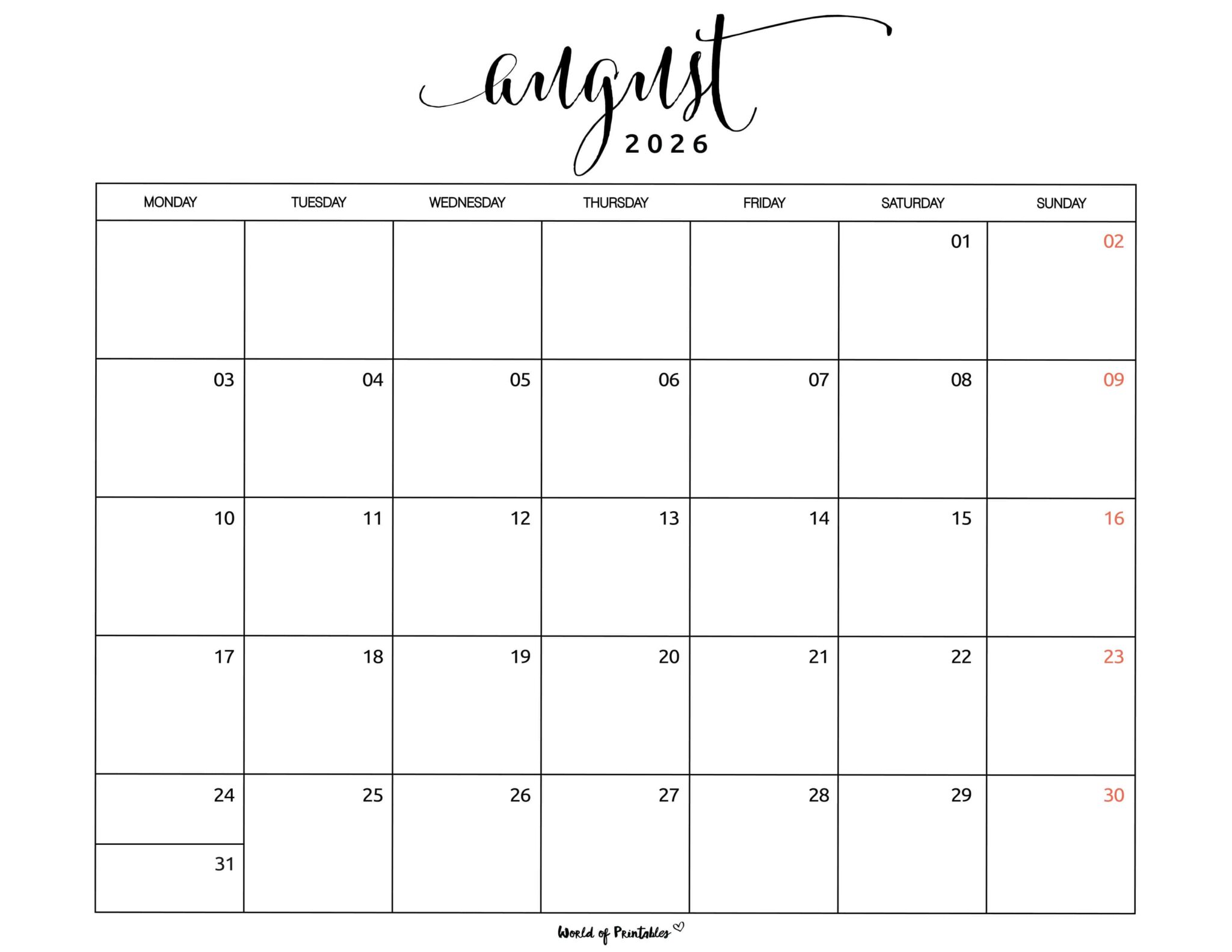 August 2026 Calendars - 200 Free Printables - World of Printables