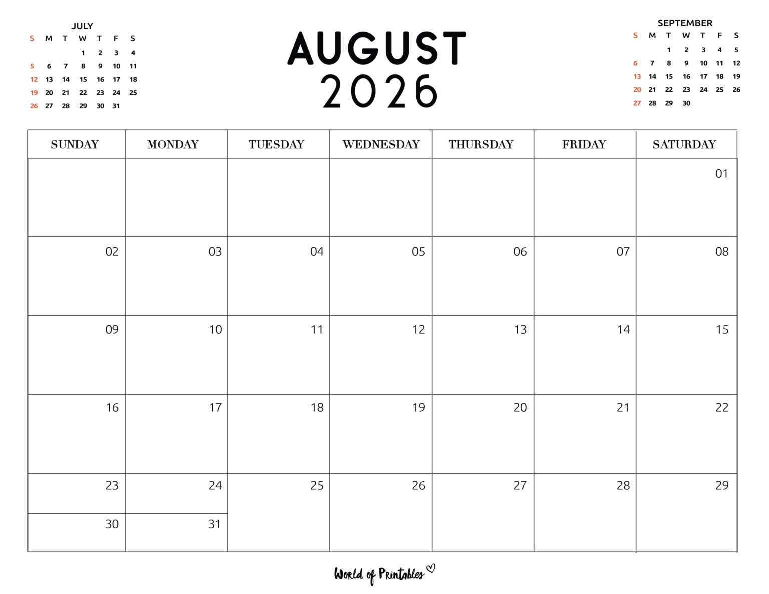 August 2026 Calendars - 200 Free Printables - World of Printables