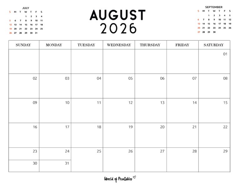 August 2026 Calendars - 200 Free Printables - World of Printables