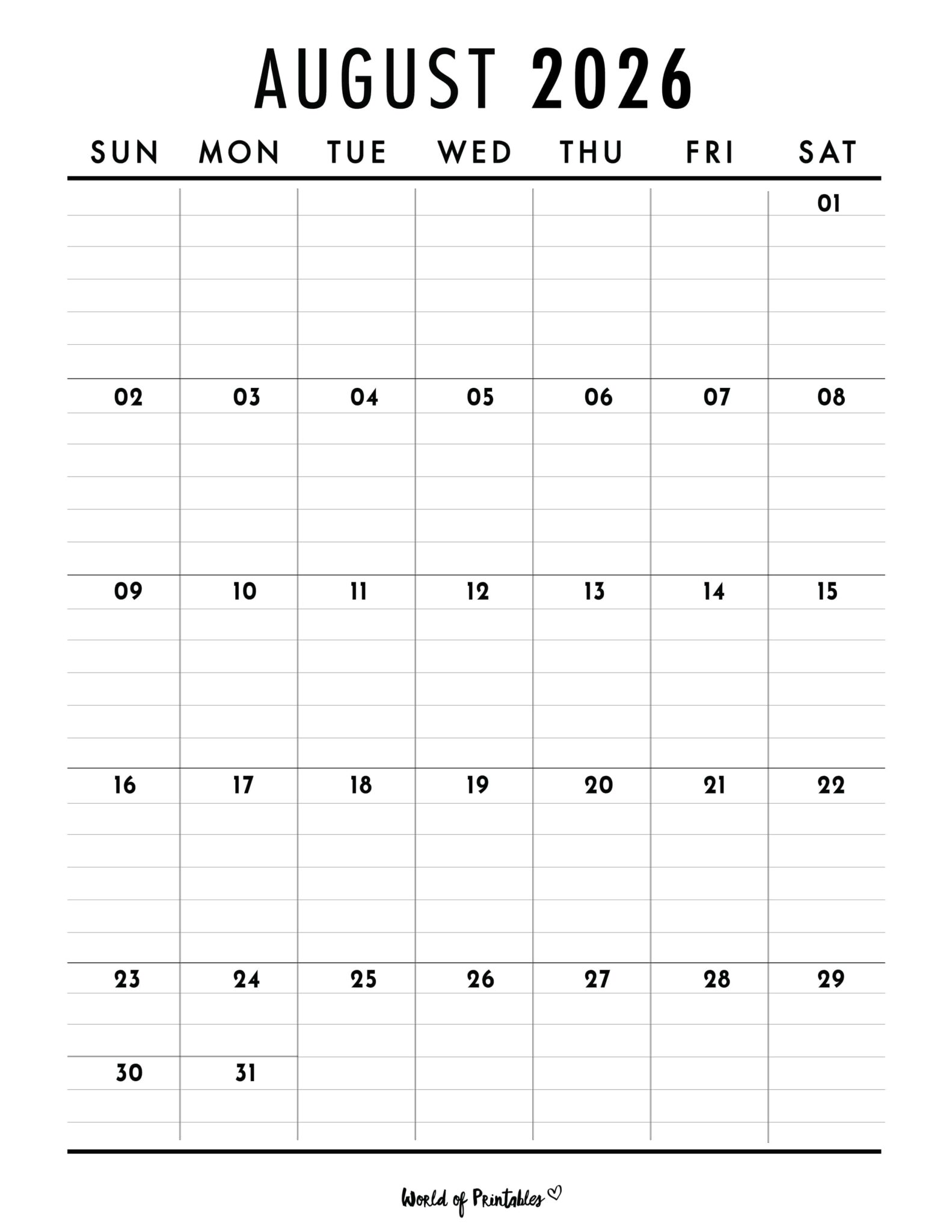 August 2026 Calendars - 200 Free Printables - World of Printables