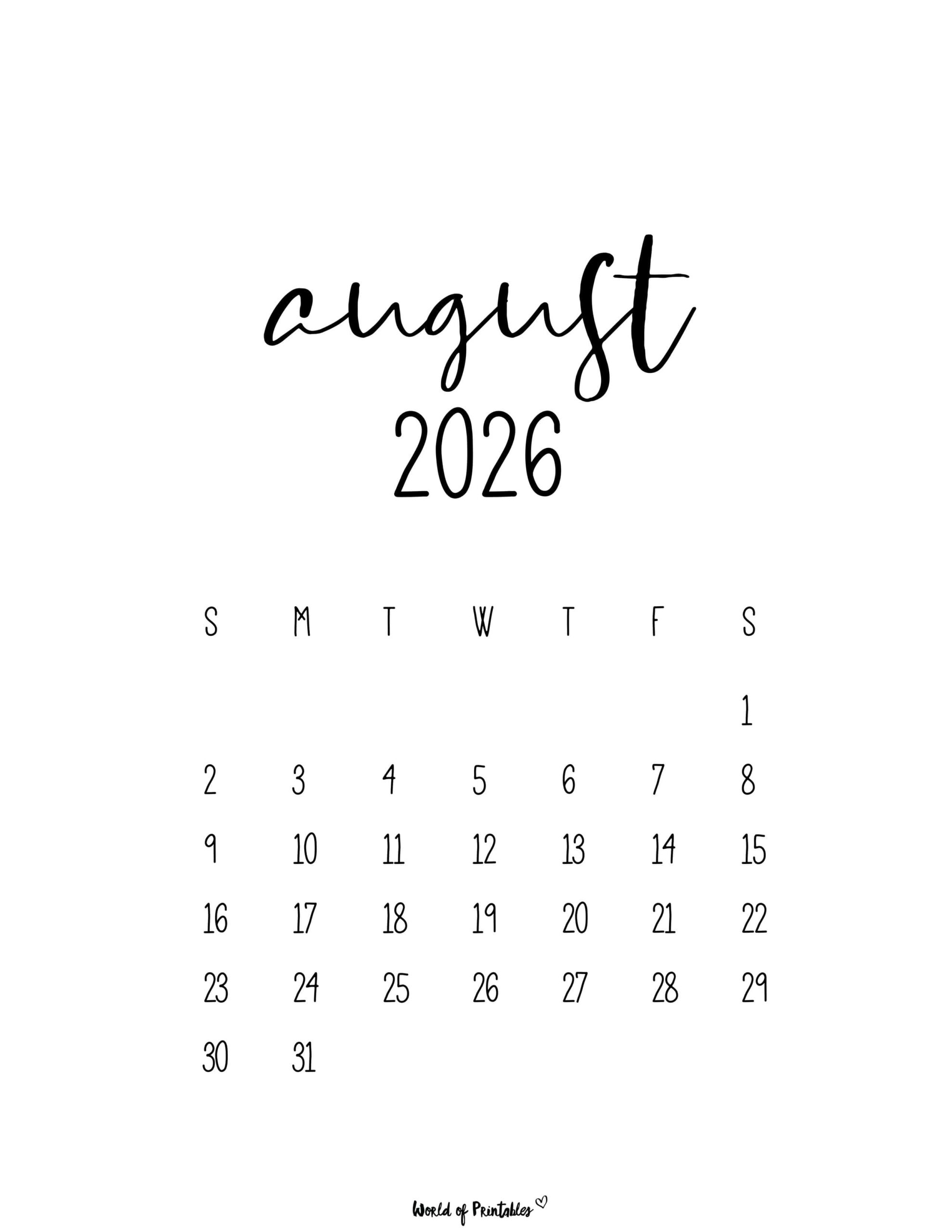 August 2026 Calendars - 200 Free Printables - World of Printables