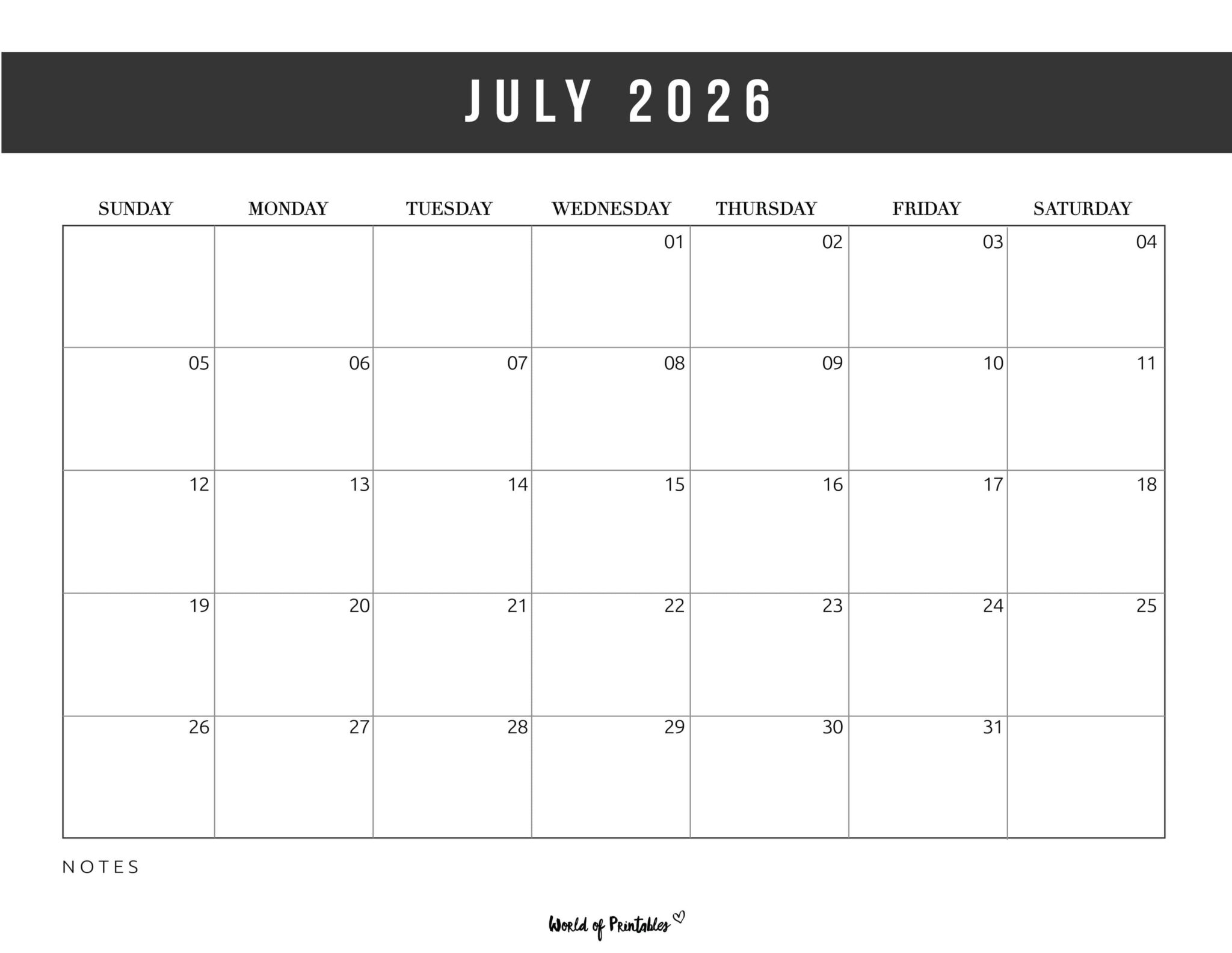 July 2026 Calendars - 200 Free Printables - World of Printables