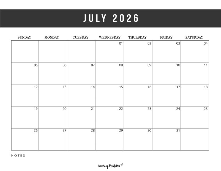 July 2026 Calendars - 200 Free Printables - World of Printables