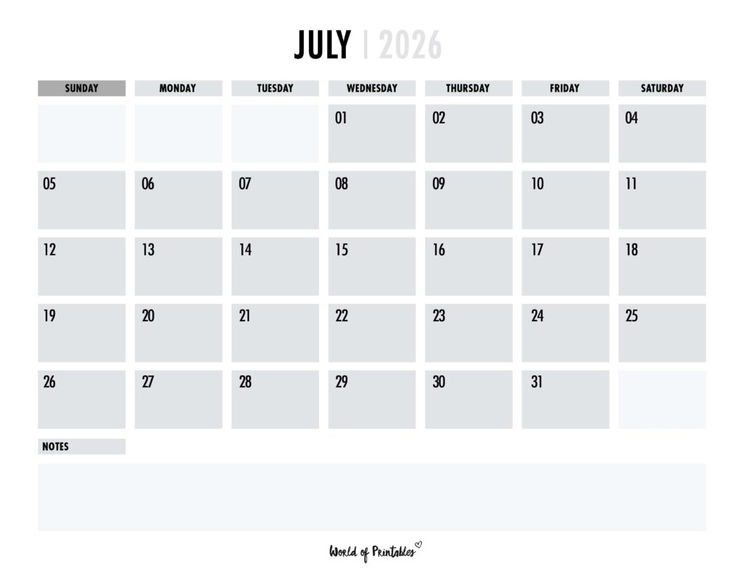 July 2026 Calendars - 200 Free Printables - World of Printables
