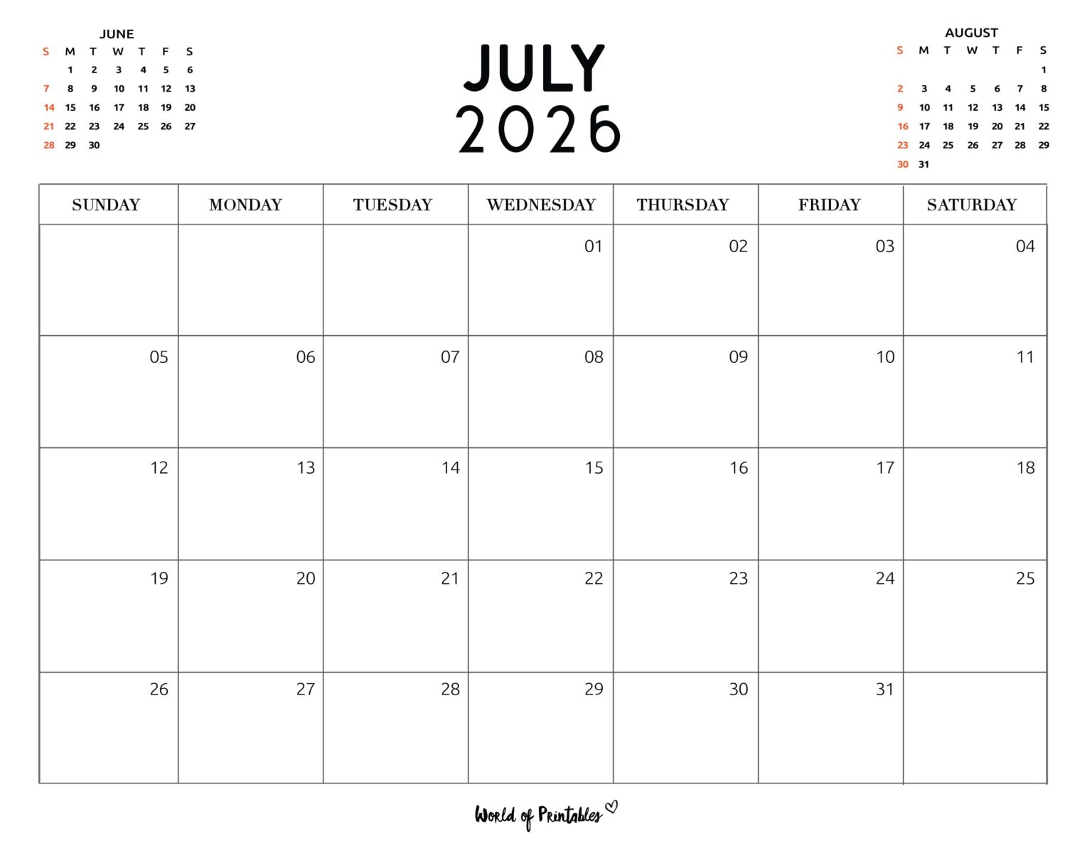 July 2026 Calendars - 200 Free Printables - World of Printables