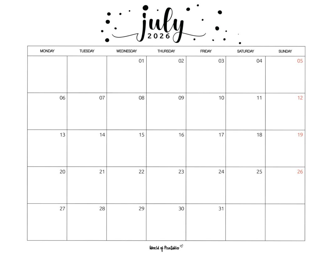 July 2026 Calendars - 200 Free Printables - World of Printables