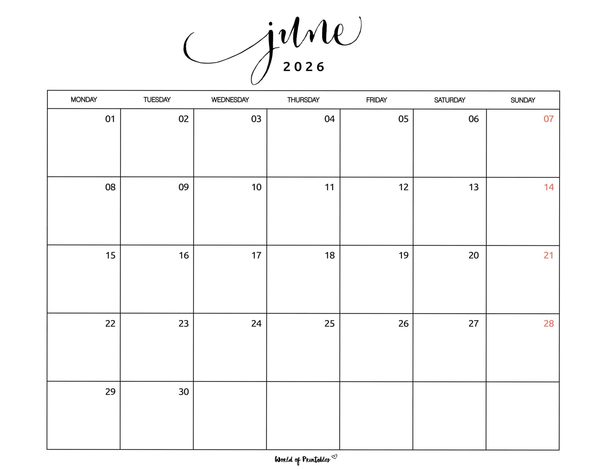 June 2026 Calendars - 200 Free Printables