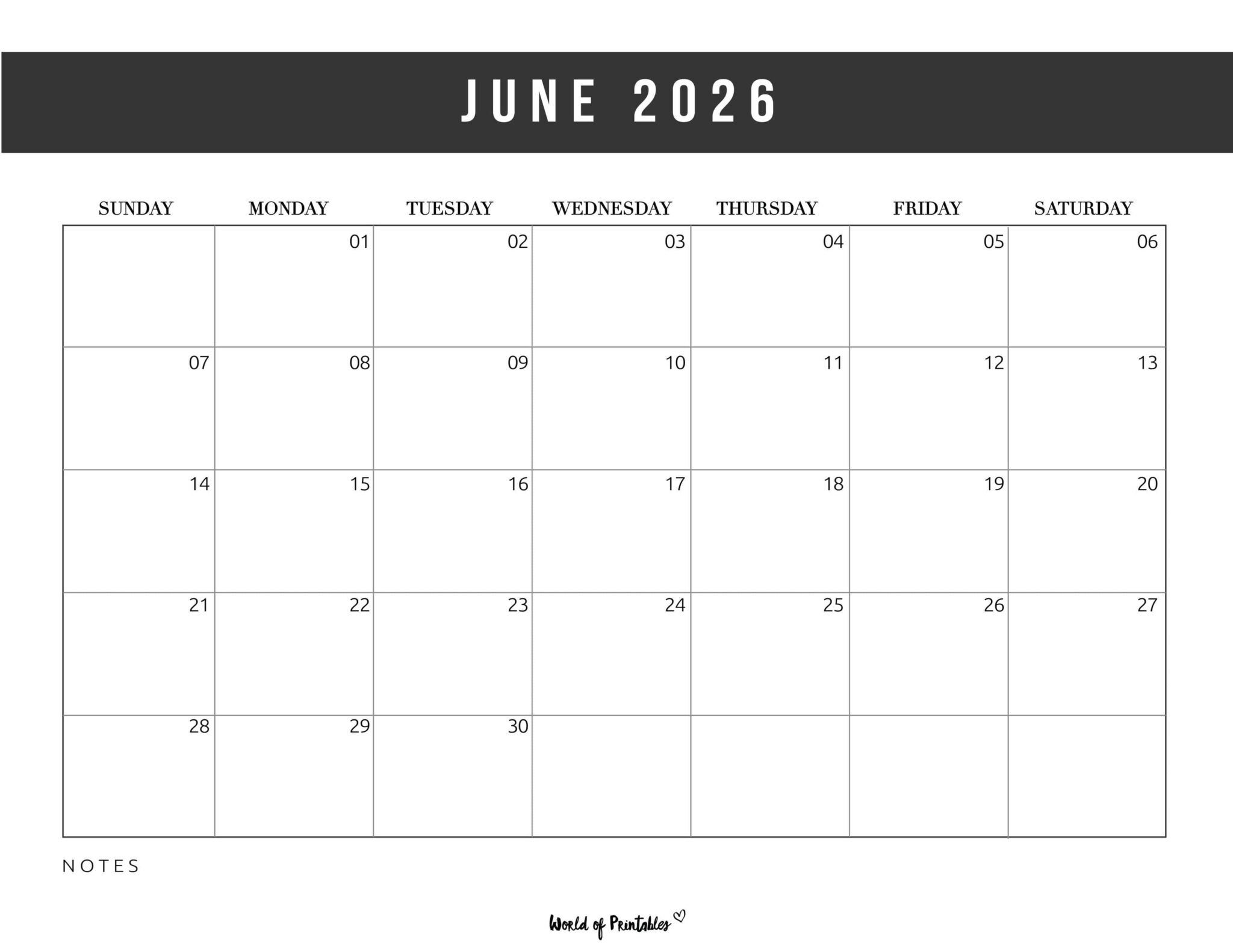 June 2026 Calendars - 200 Free Printables