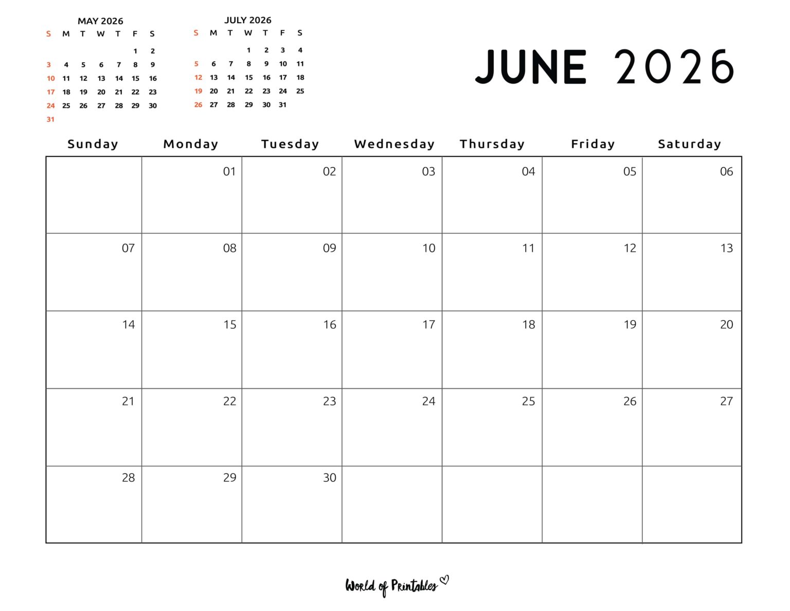 June 2026 Calendars - 200 Free Printables