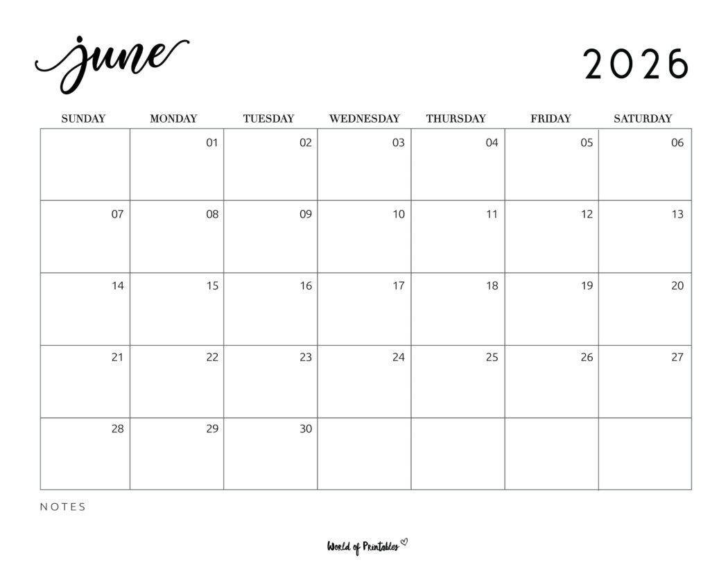 June 2026 Calendars - 200 Free Printables