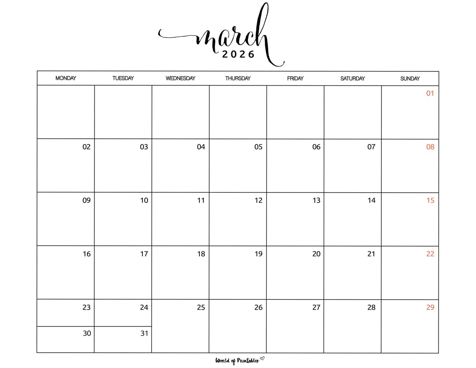 March 2026 Calendars - 200 Free Printable PDF Designs - World of Printables