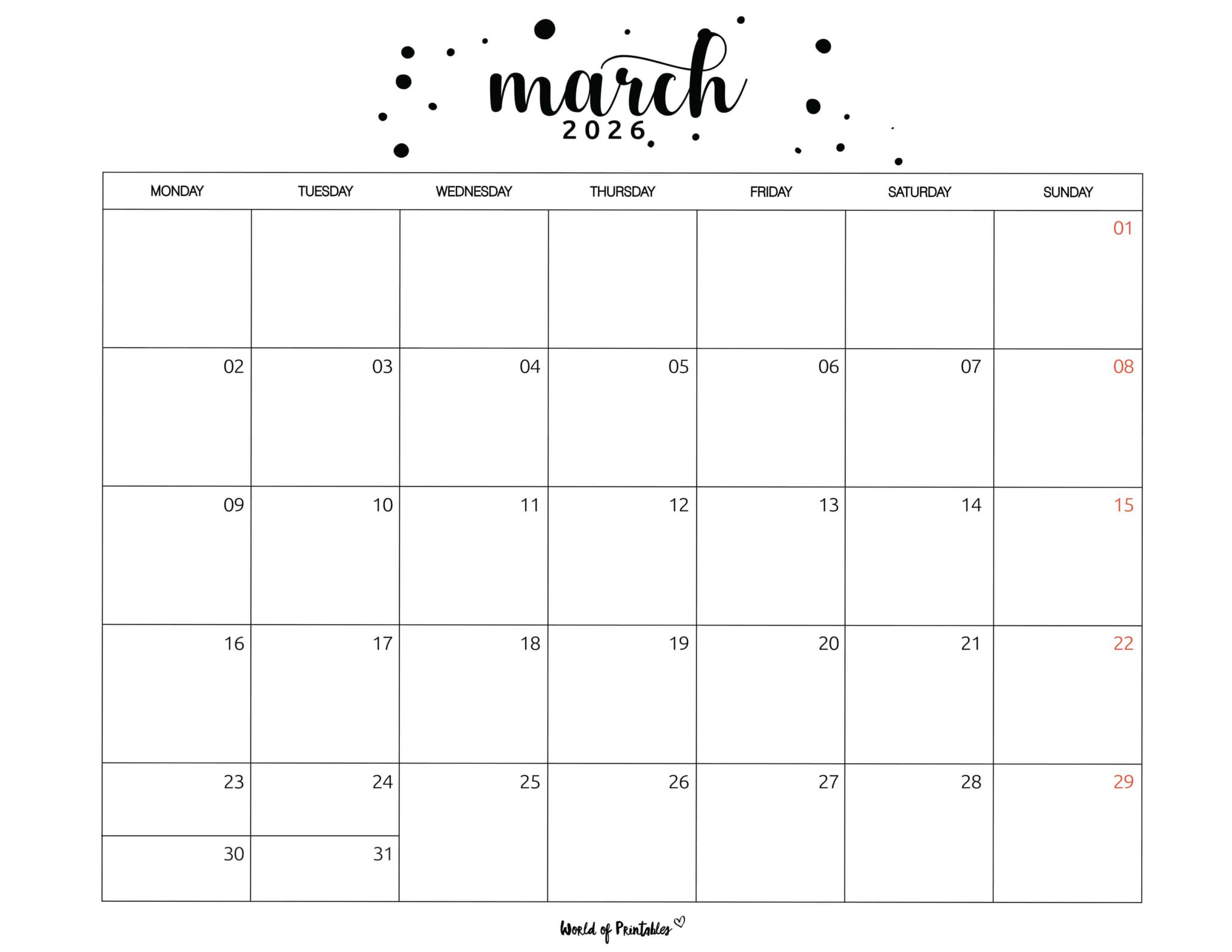 March 2026 Calendars - 200 Free Printable PDF Designs - World of Printables
