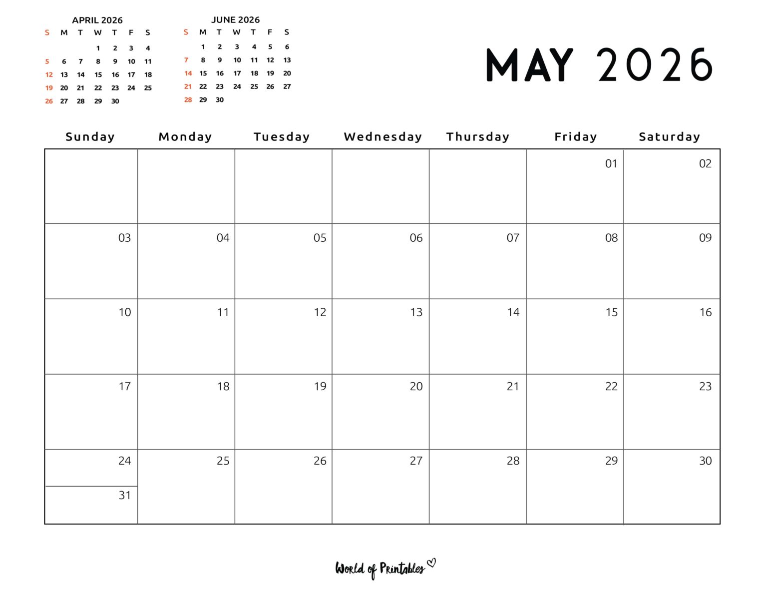May 2026 Calendars - 200 Free Printables - World of Printables