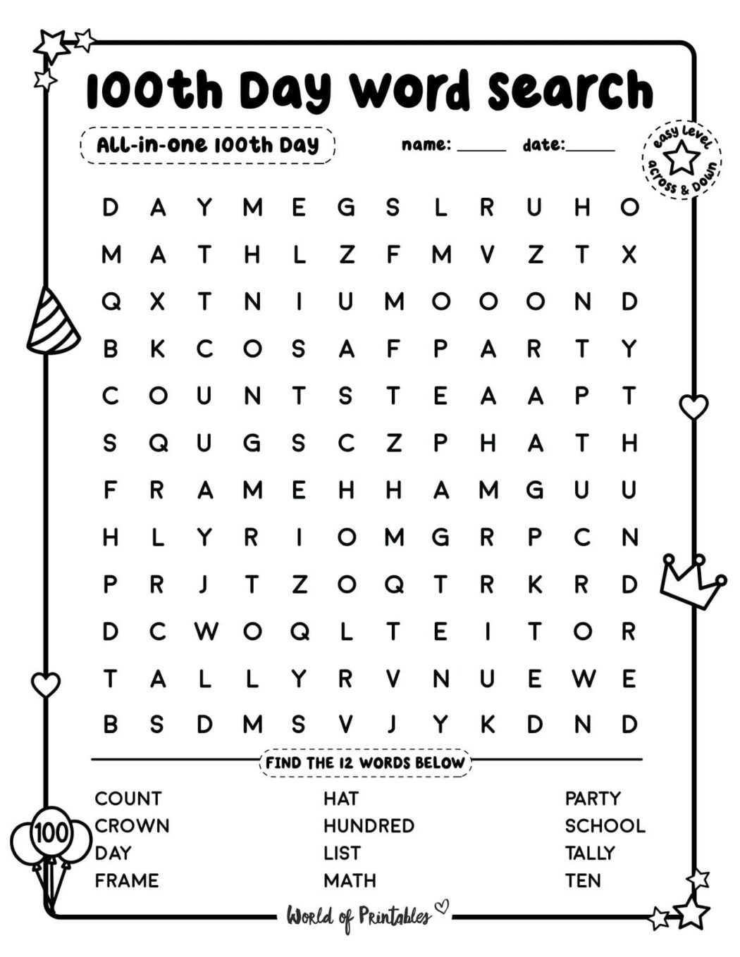 100th Day Word Searches - World of Printables