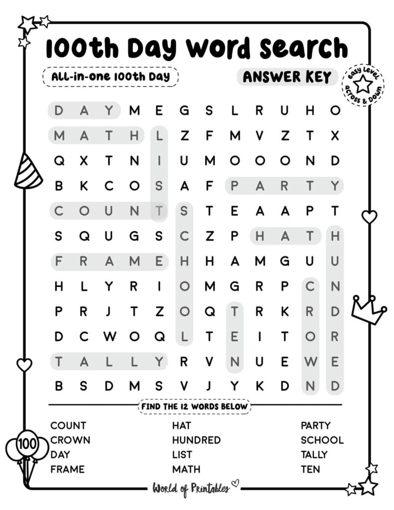 100th Day Word Searches - World of Printables