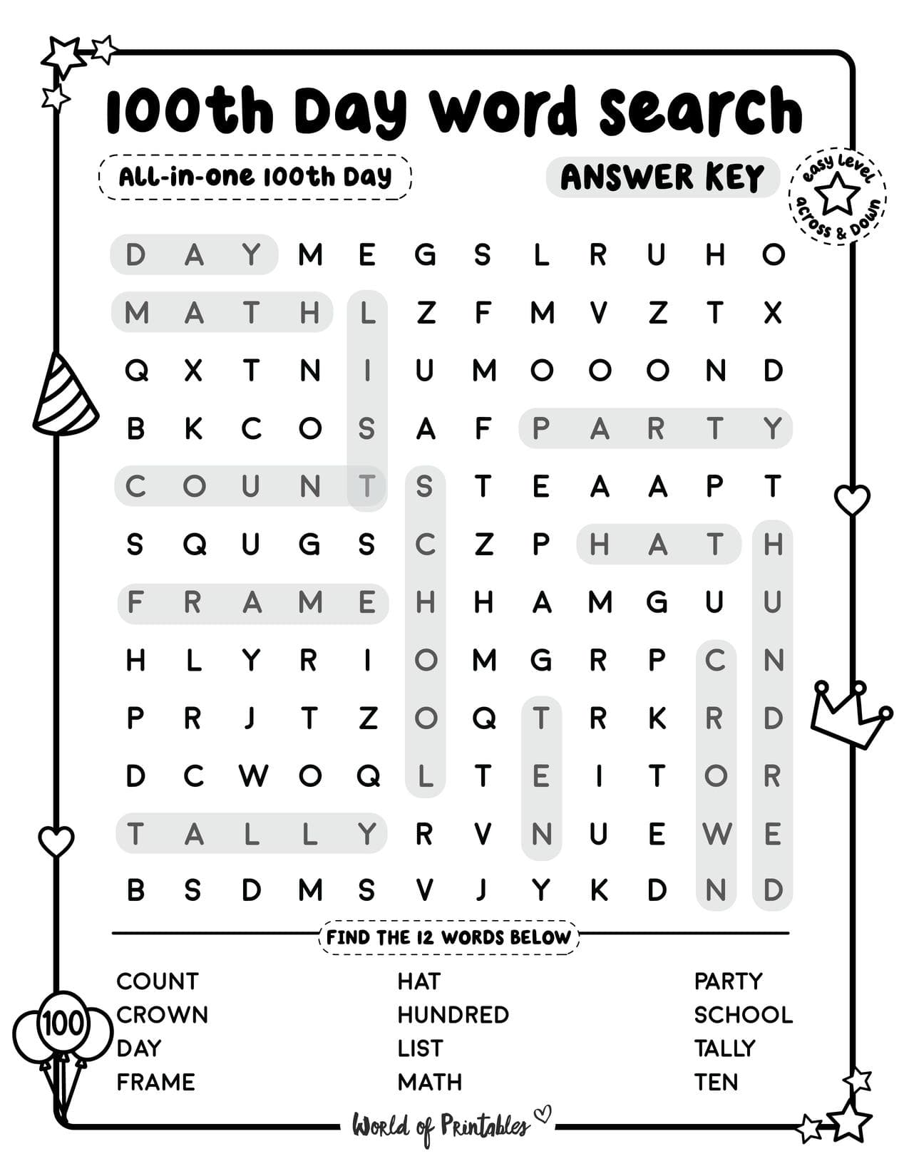 100th Day Word Searches - World of Printables