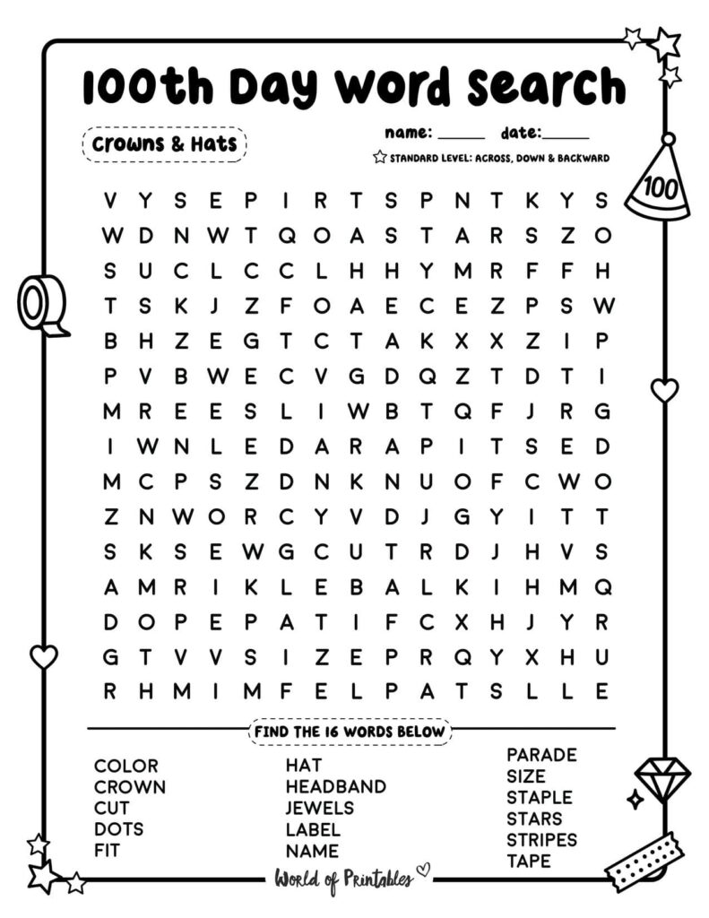 100th Day Word Searches - World of Printables