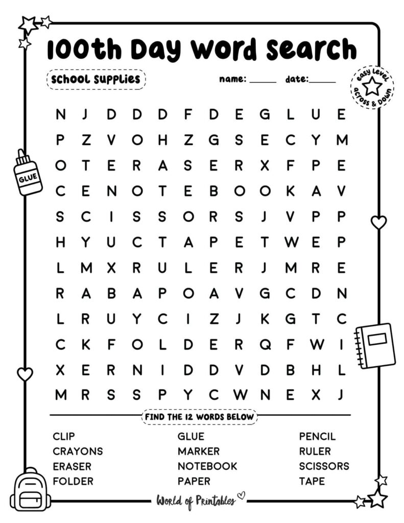 100th Day Word Searches - World of Printables