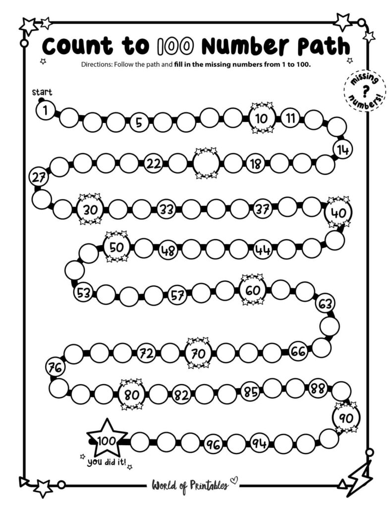 Count to 100 Number Path Worksheets - World of Printables
