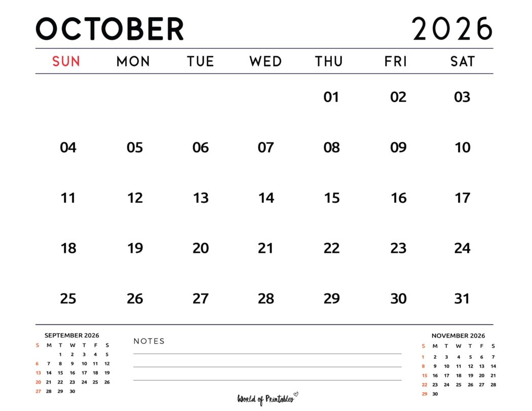 Free Printable October 2026 Calendars (200+ Designs) - World of Printables