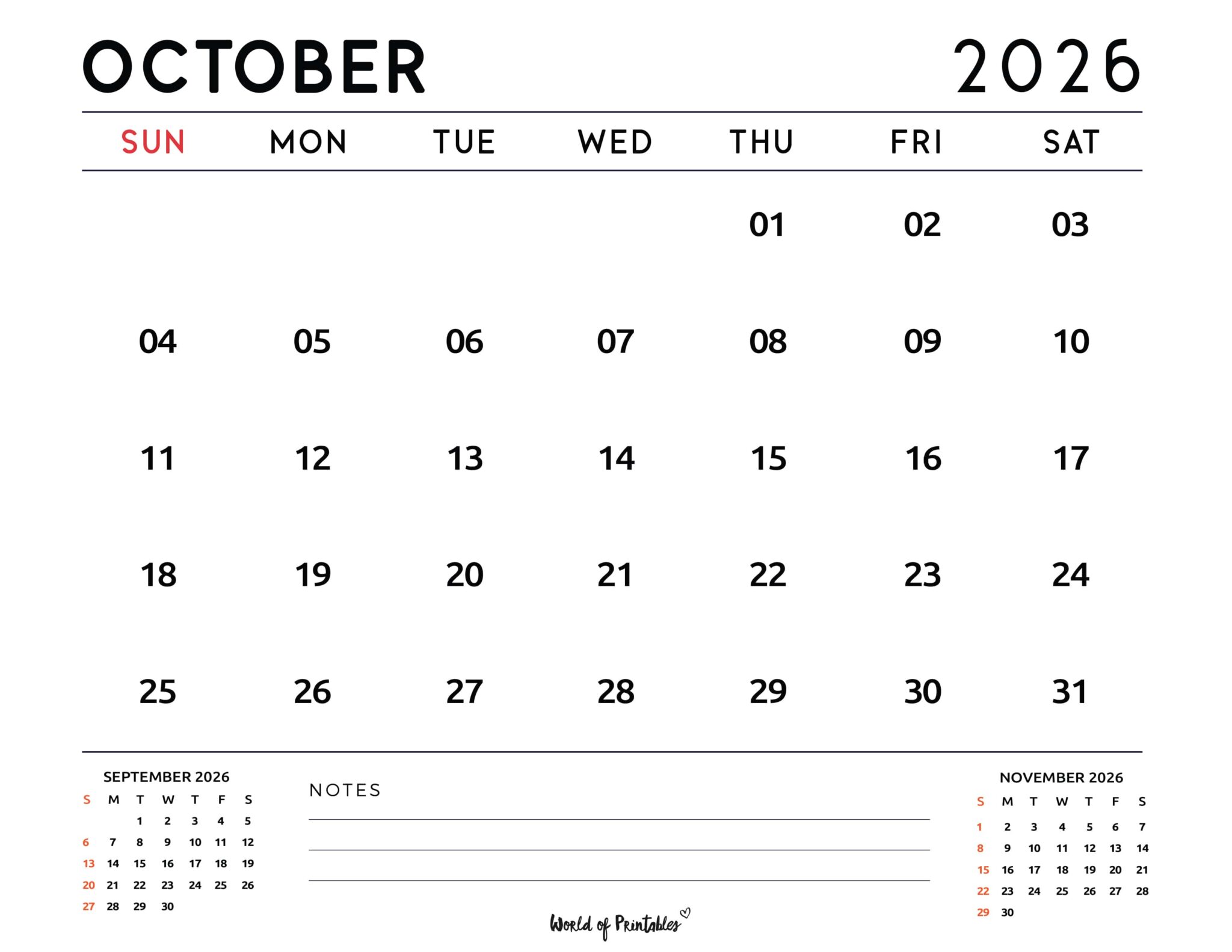 Free Printable October 2026 Calendars (200+ Designs) - World of Printables