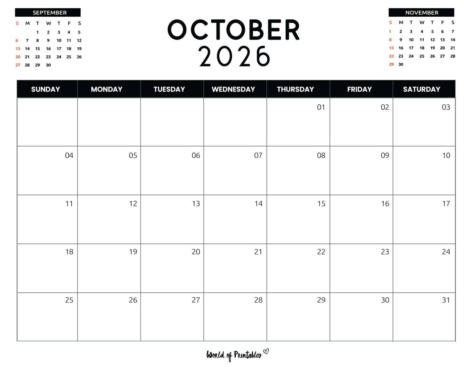 Free Printable October 2026 Calendars (200+ Designs) - World of Printables