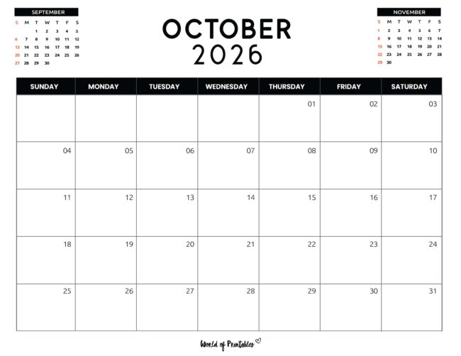 Free Printable October 2026 Calendars (200+ Designs) - World of Printables