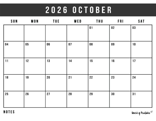 Free Printable October 2026 Calendars (200+ Designs) - World of Printables
