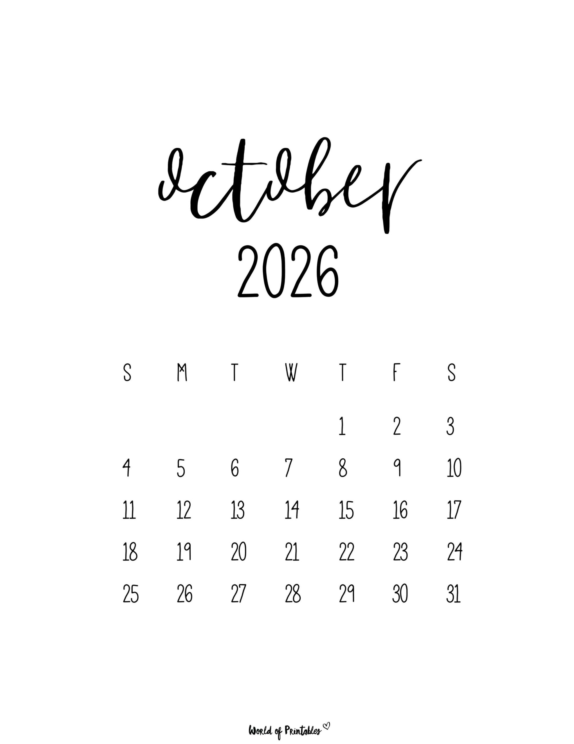 Free Printable October 2026 Calendars (200+ Designs) - World of Printables